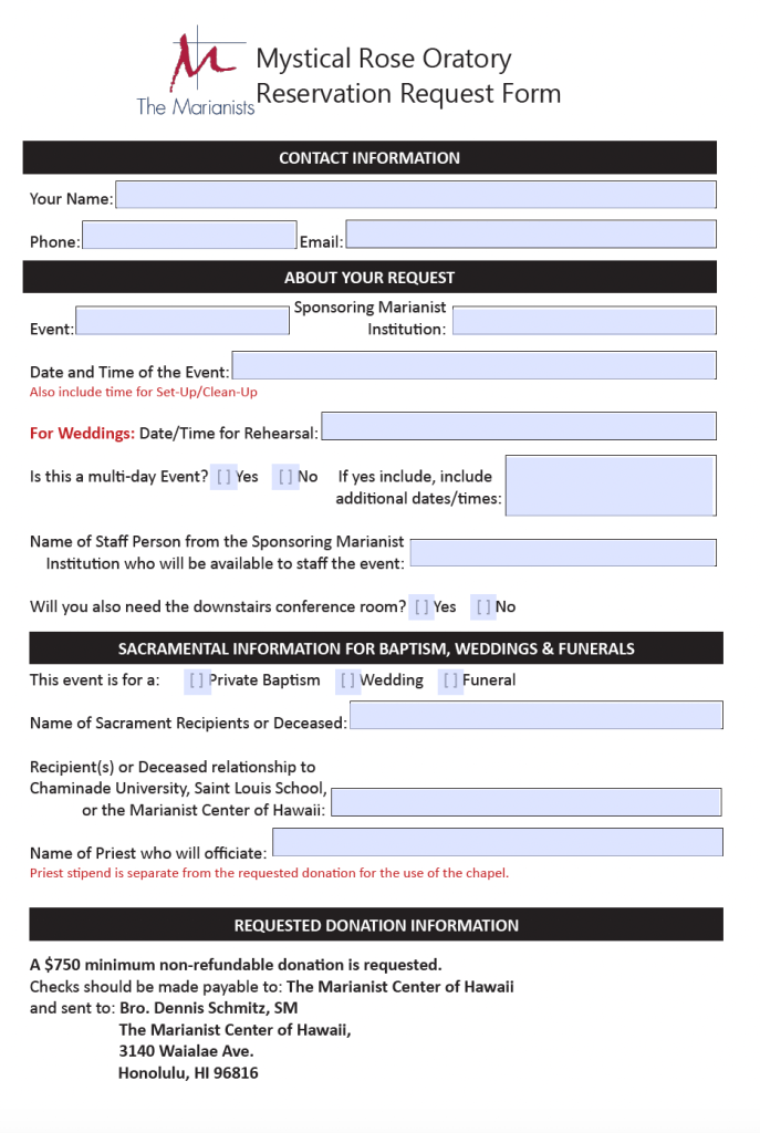 Mystical Rose Oratory Special Event Reservation Request Form ...